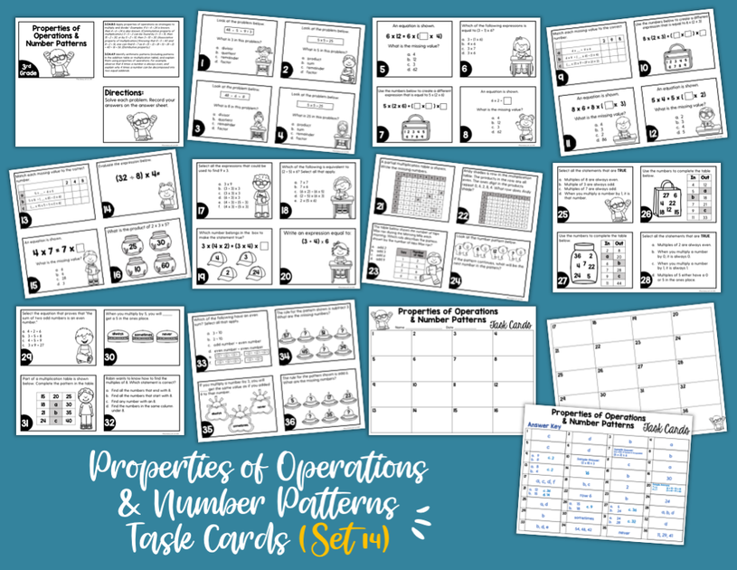 Properties of Operations and Number Patterns Math Task Cards (3rd Grad ...