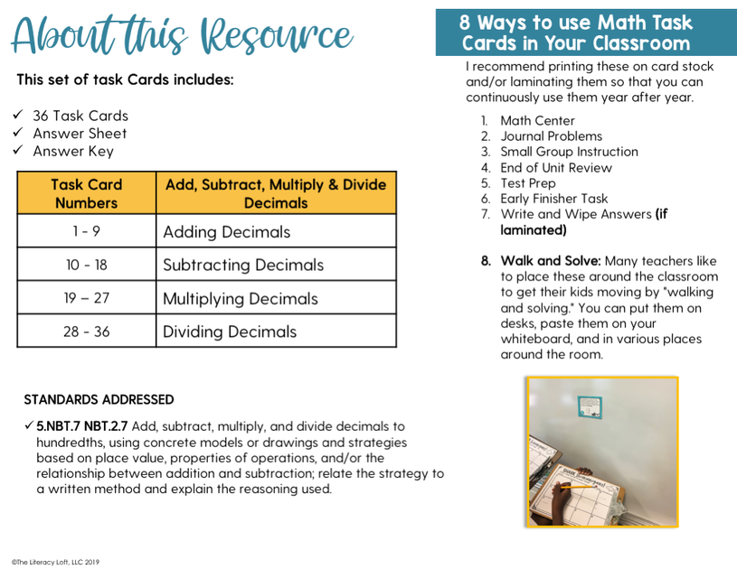 Add & Subtract, Multiply & Divide Decimals Task Cards (5th Grade) | Di ...