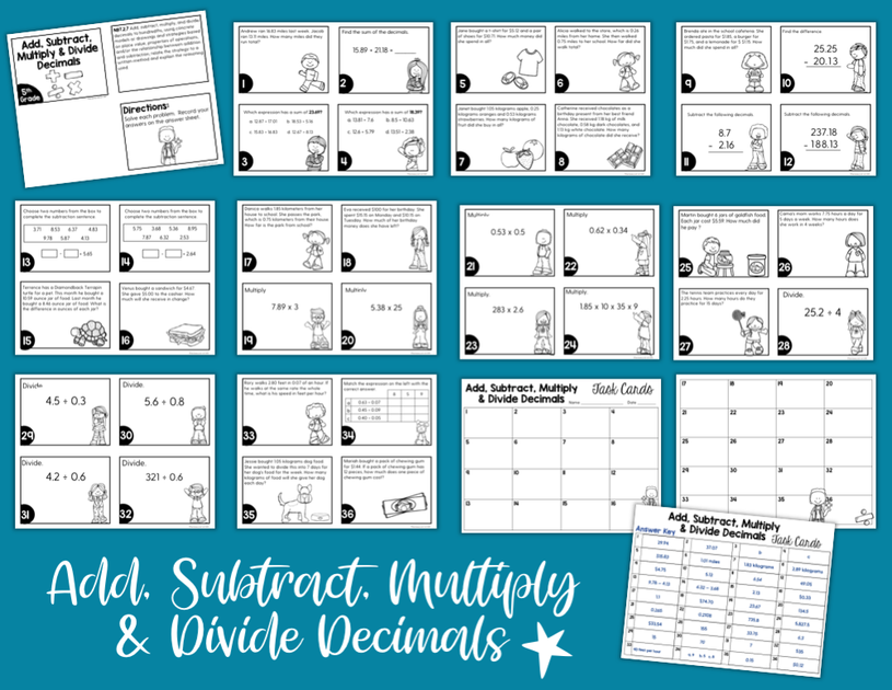 Add & Subtract, Multiply & Divide Decimals Task Cards (5th Grade) | Di ...