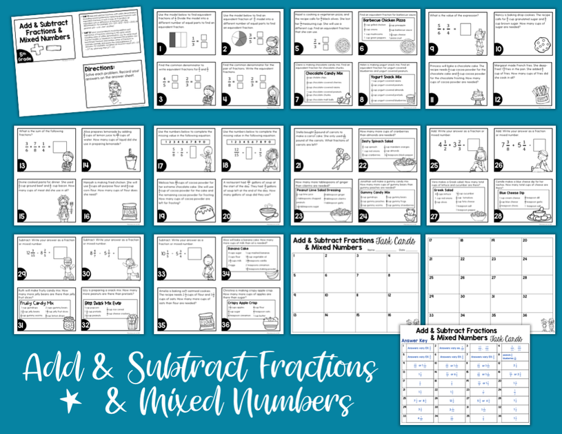 Add & Subtract Fractions & Mixed Numbers Task Cards (5th Grade) | Dist ...