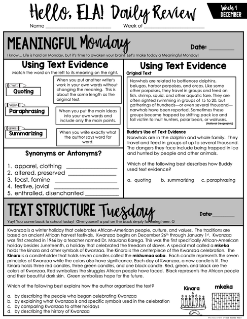 ELA Daily Review 6th Grade {December} I Distance Learning I Google Sli ...