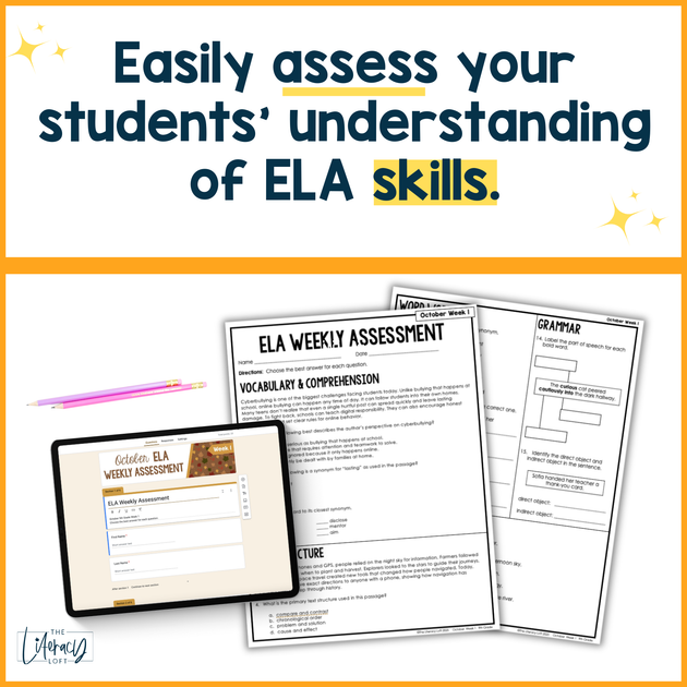 9th Grade ELA Reading Comprehension October Morning Work Assessment Hi ...