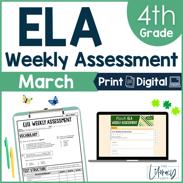 4th Grade ELA March Morning Work Assessment Reading Comprehension Fun ...