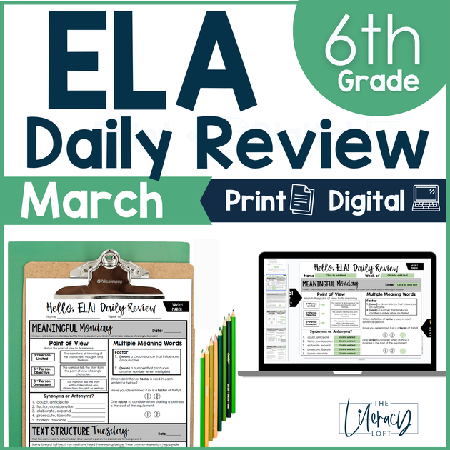 ELA Daily Review 6th Grade {March} | Distance Learning | Google Slides ...