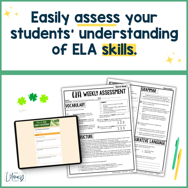 7th Grade ELA March Morning Work Assessment Reading Comprehension Fun ...