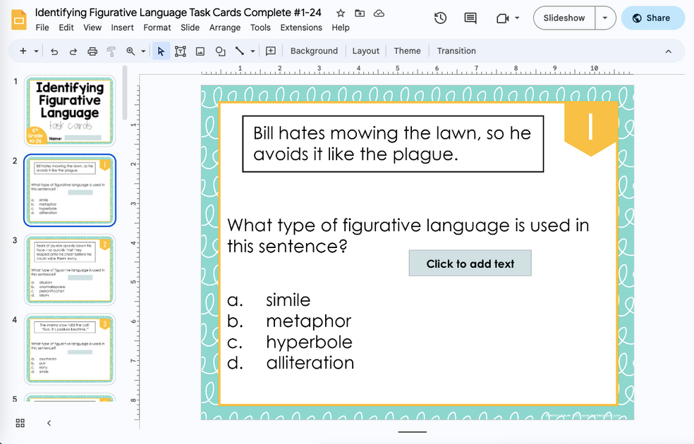 Identifying Figurative Language Task Cards (Set 1) 6th Grade | Google ...
