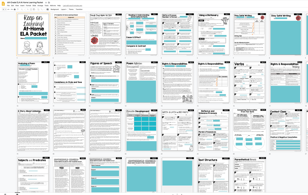 4 Week At Home Learning Packet (ELA ONLY 6th Grade) | Google Slides ...