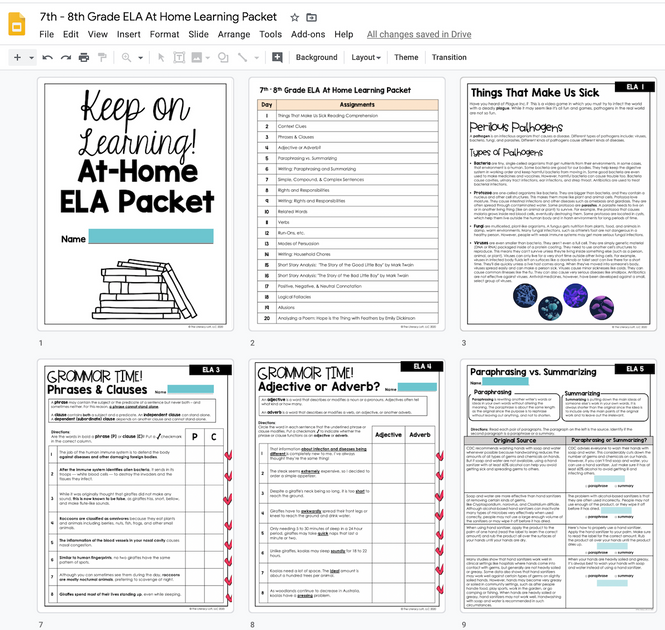 4 Week At Home Learning Packet (ELA ONLY 7th-8th Grade) | Distance Lea ...