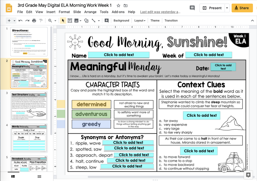 ELA Morning Work 3rd Grade {May} | Distance Learning | Google Slides ...