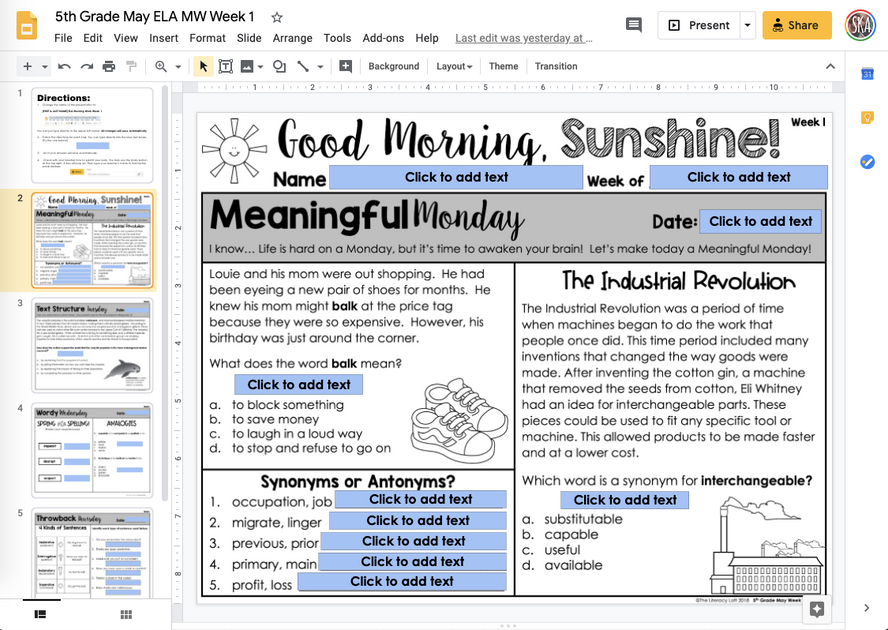 ELA Morning Work 5th Grade {May} | Distance Learning | Google Apps ...