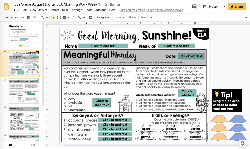 ELA Morning Work 5th Grade {August} | Distance Learning | Google Slide ...