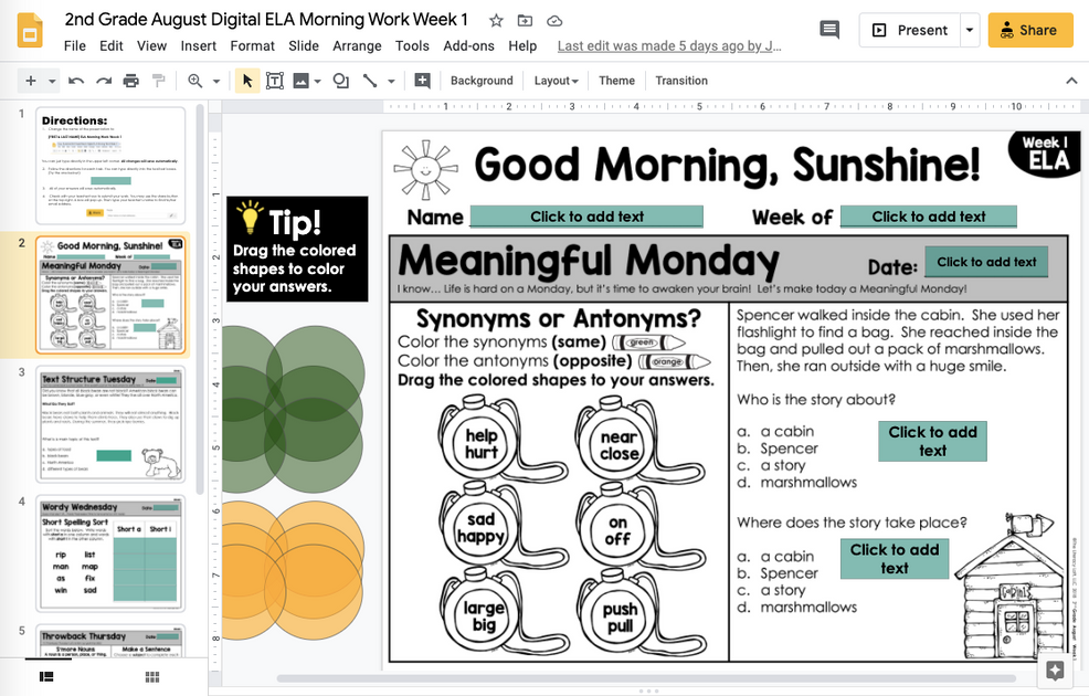 ELA Morning Work 2nd Grade {August} | Distance Learning | Google Slide ...