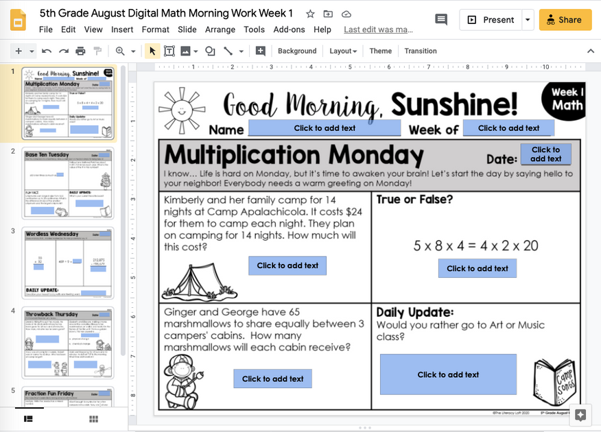 Math Morning Work 5th Grade {August} | Distance Learning | Google Slid ...