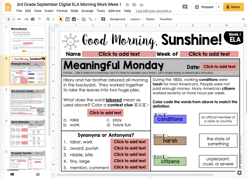 ELA Morning Work 3rd Grade {September} | Distance Learning | Google Sl ...