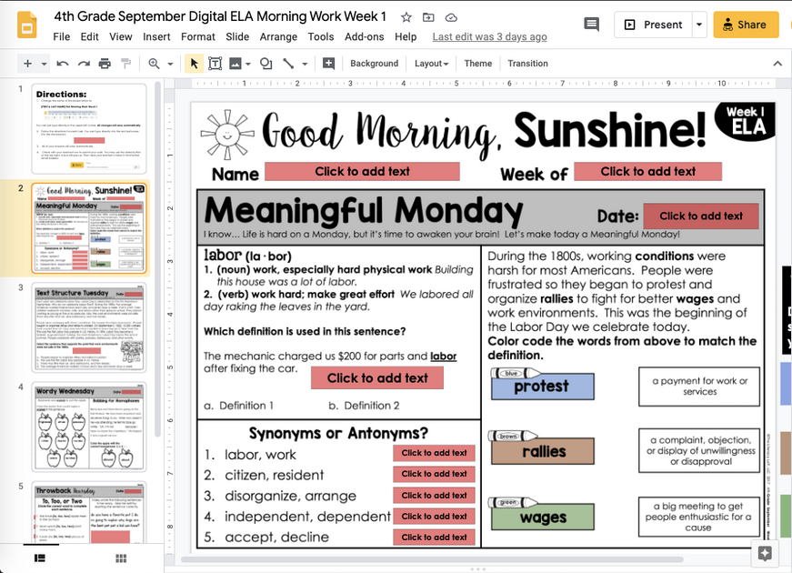 ELA Morning Work 4th Grade {September} | Distance Learning | Google Sl ...