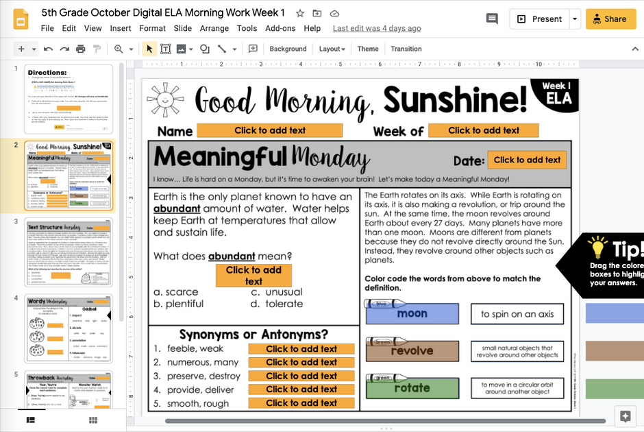 ELA Morning Work 5th Grade {October} | Distance Learning | Google Slid ...