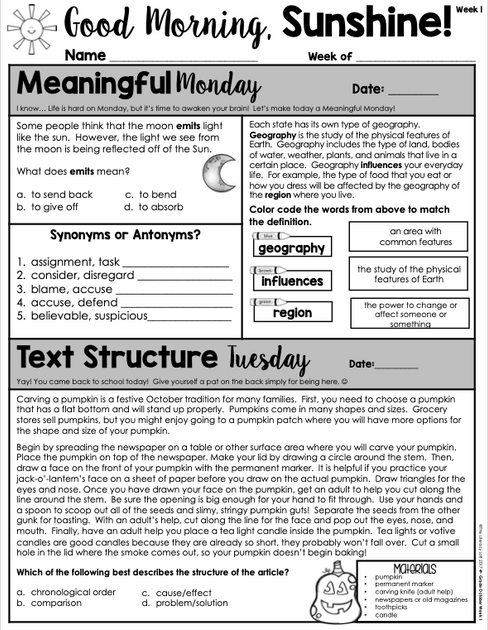 ELA Morning Work 4th Grade {October} | Distance Learning | Google Slid ...