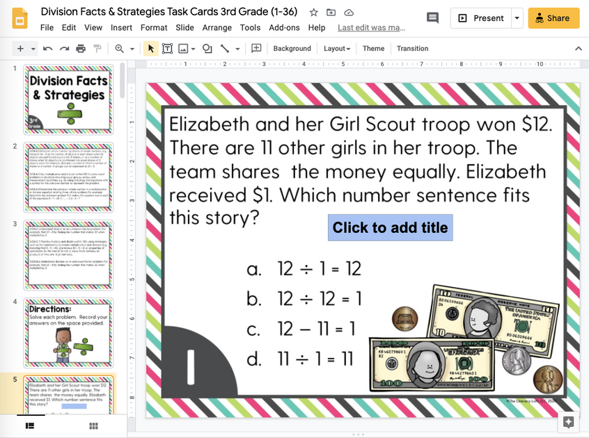 Division Facts and Strategies Task Cards (3rd Grade) Google Slides & F ...