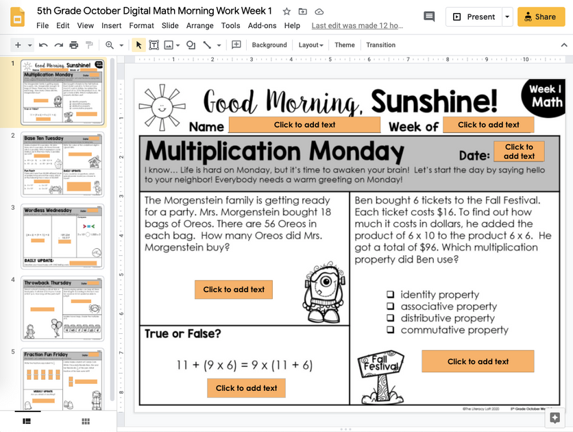 Math Morning Work 5th Grade {October} | Distance Learning | Google App ...