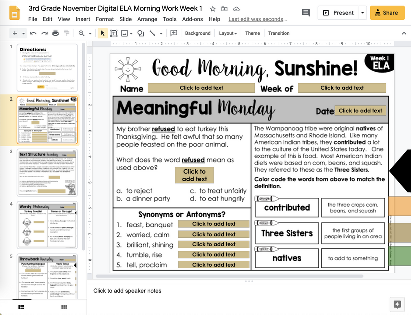 ELA Morning Work 3rd Grade {November} | Distance Learning | Google Sli ...