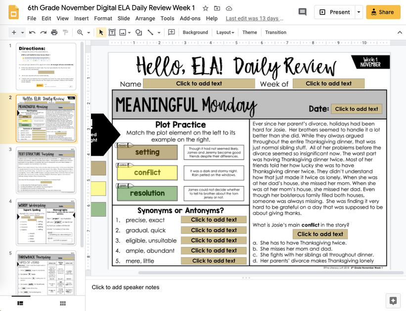ELA Daily Review 6th Grade {November} | Distance Learning | Google Sli ...