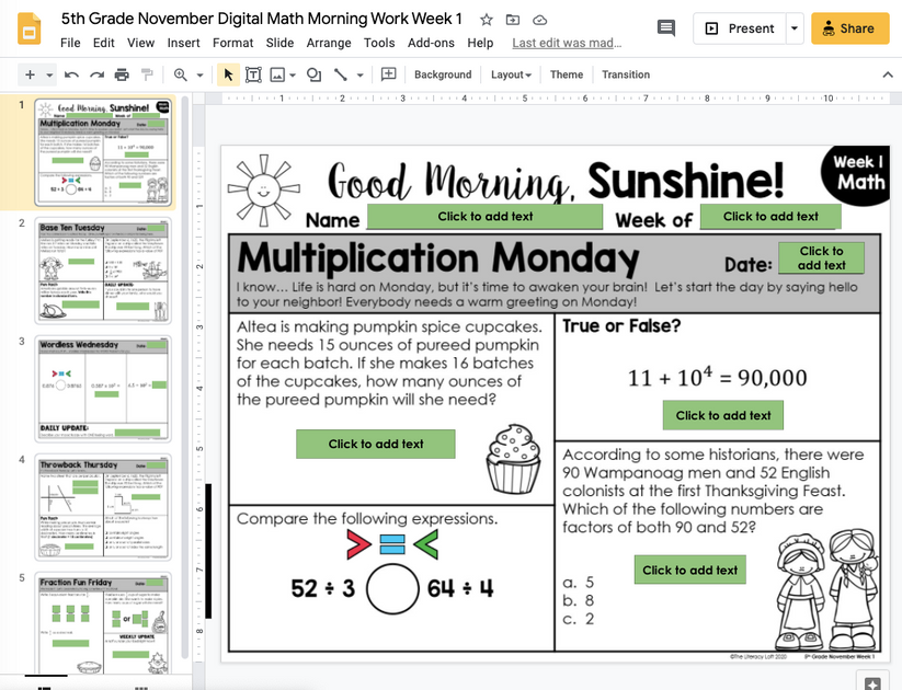 Math Morning Work 5th Grade {November} | Distance Learning | Google Ap ...