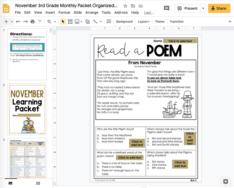 November No Prep Packet 3rd Grade – The Literacy Loft