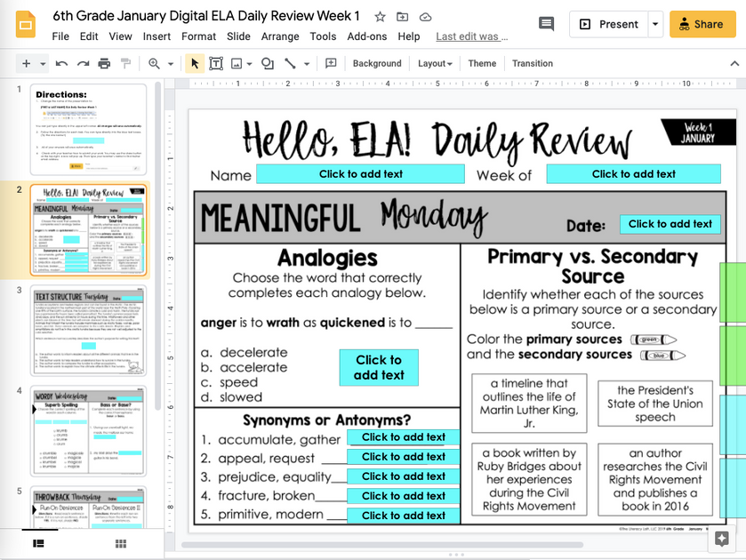 ELA Daily Review 6th Grade {January} I Distance Learning I Google Slid ...