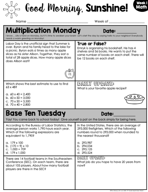 Math Morning Work 5th Grade {September} | Distance Learning | Google A ...