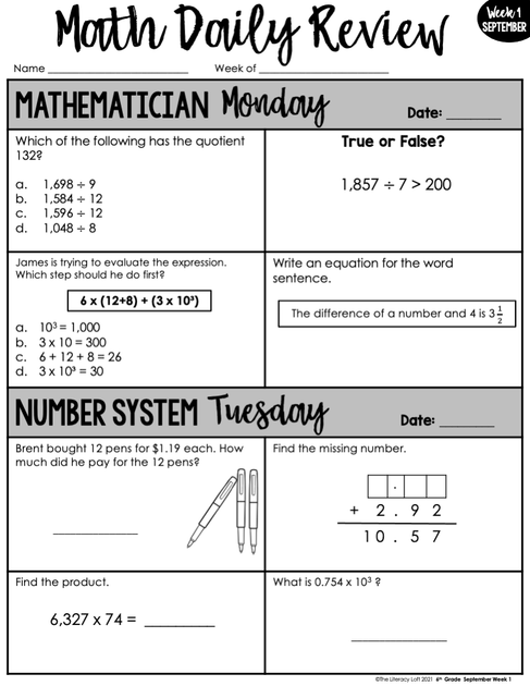 Math Daily Review 6th Grade {September} | Distance Learning | Google A ...