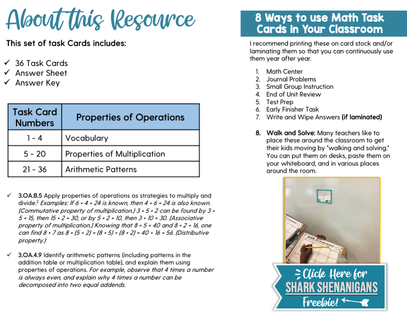 Properties of Operations and Number Patterns Math Task Cards (3rd Grad ...